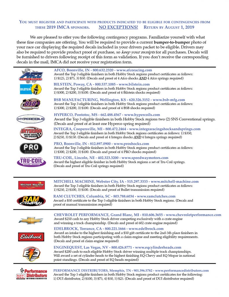 Hobby Stock Contingency Form – IMCA – International Motor Contest ...