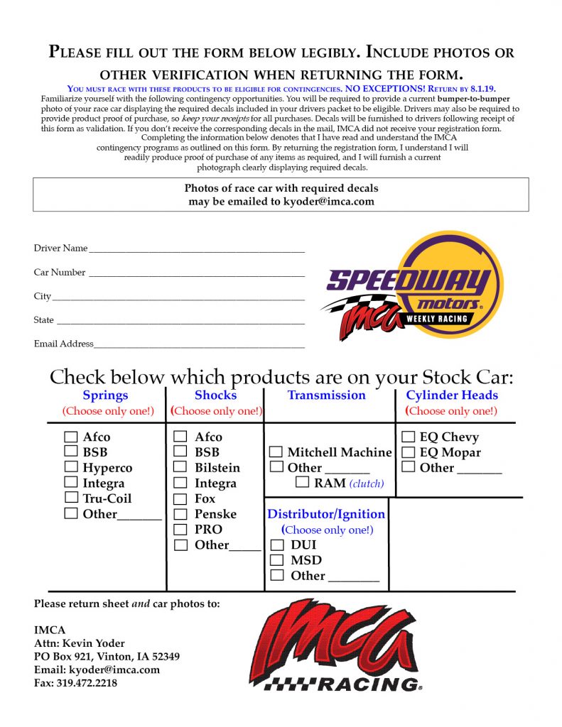 Stock Car Contingency Form – IMCA – International Motor Contest Association