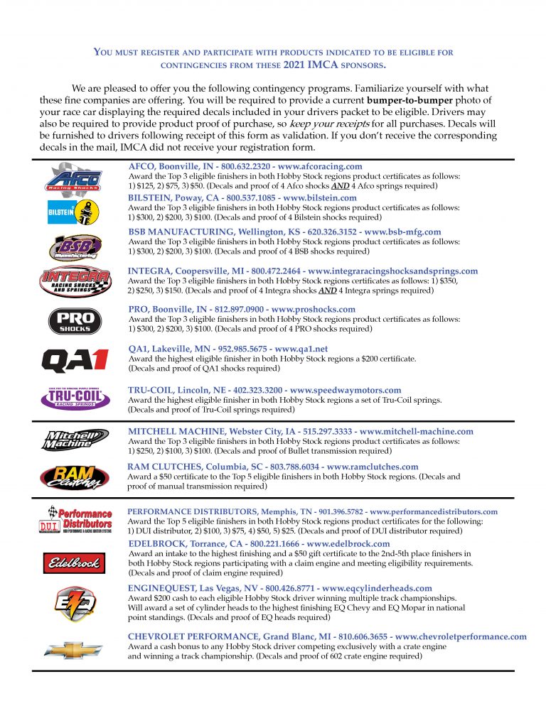 Hobby Stock Contingency Form - IMCA - International Motor Contest ...