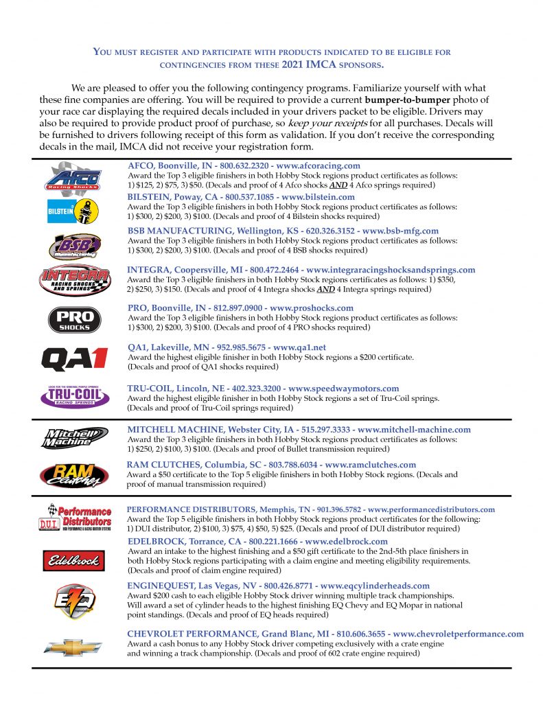 Hobby Stock Contingency Form - IMCA - International Motor Contest ...