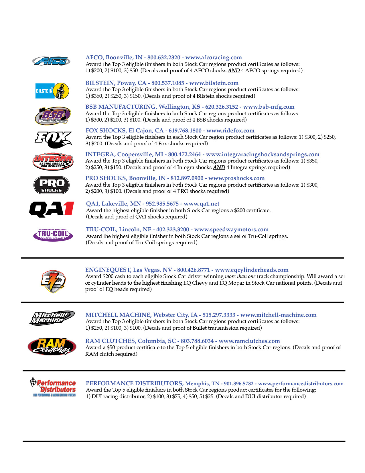 Stock Car Contingency Form - IMCA - International Motor Contest Association